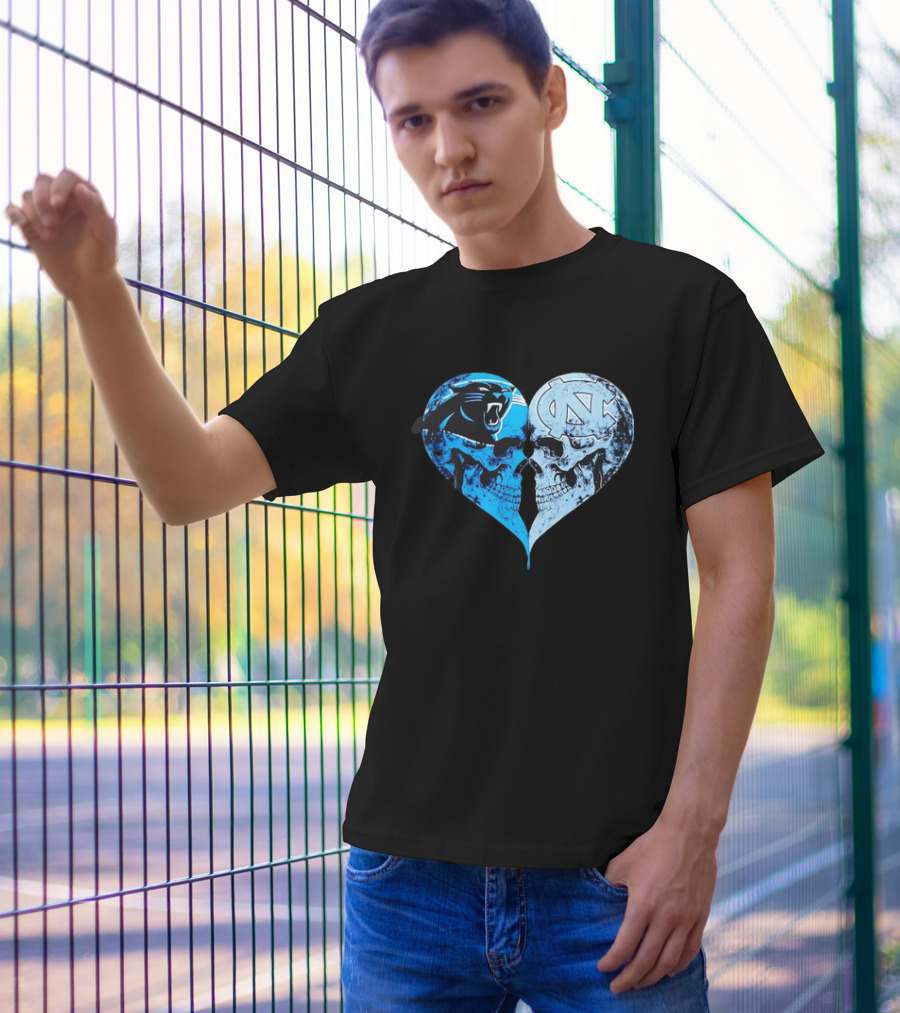 Carolina Panthers North Carolina Tar Heels Skulls Face To Face Heart Shape T-Shirt