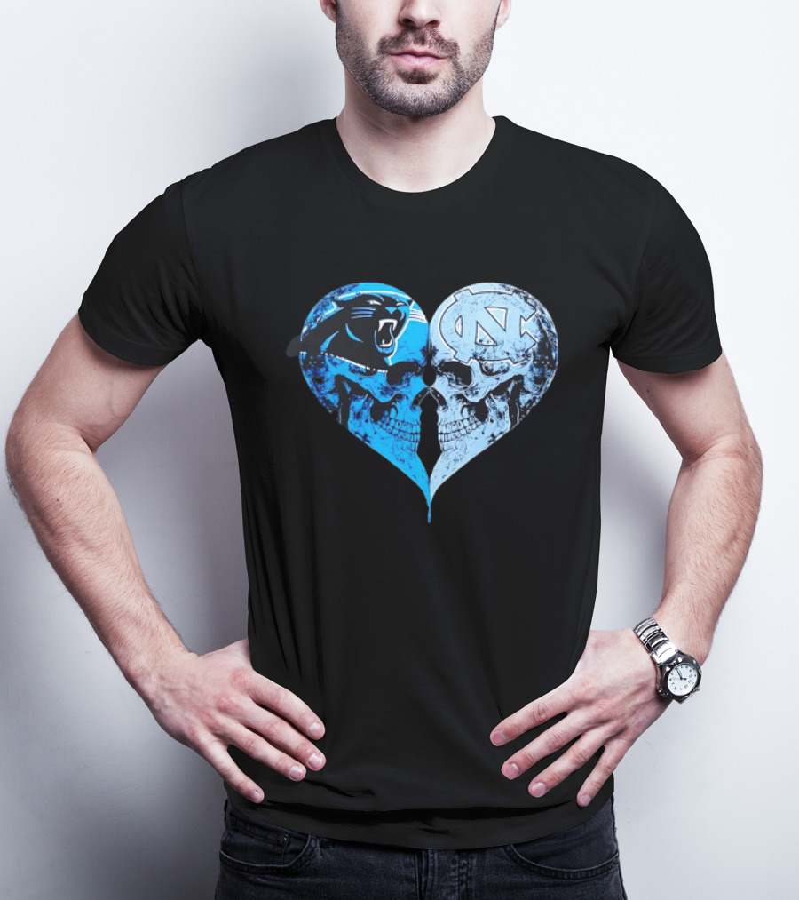 Carolina Panthers North Carolina Tar Heels Skulls Face To Face Heart Shape T-Shirt