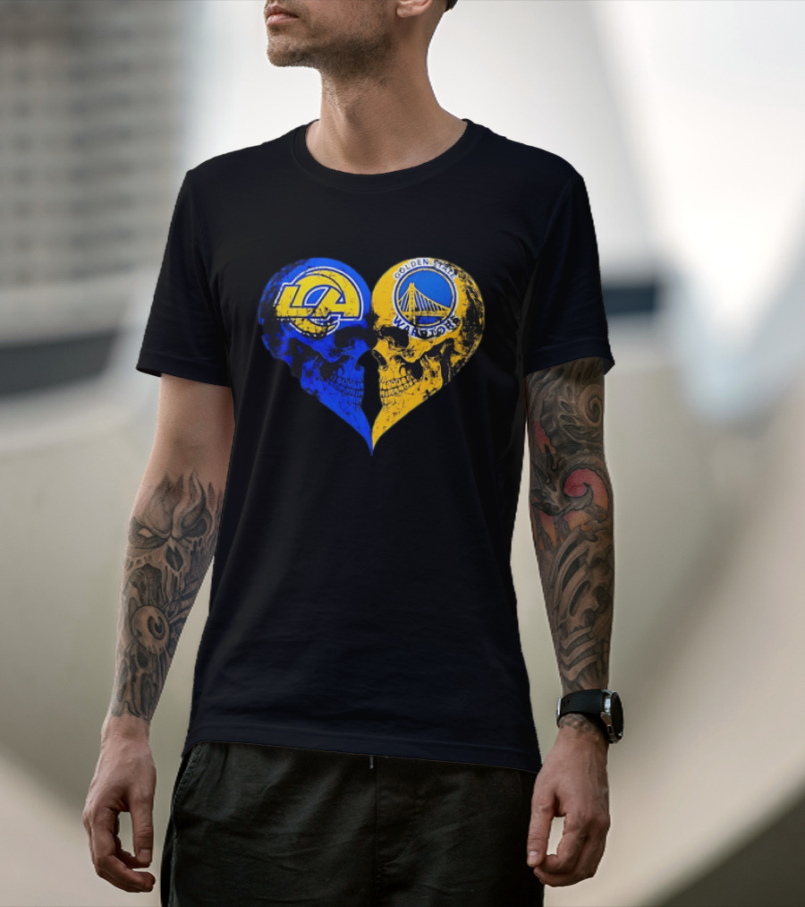 Los Angeles Rams Golden State Warriors Heart Shaped Skulls Distressed T-Shirt