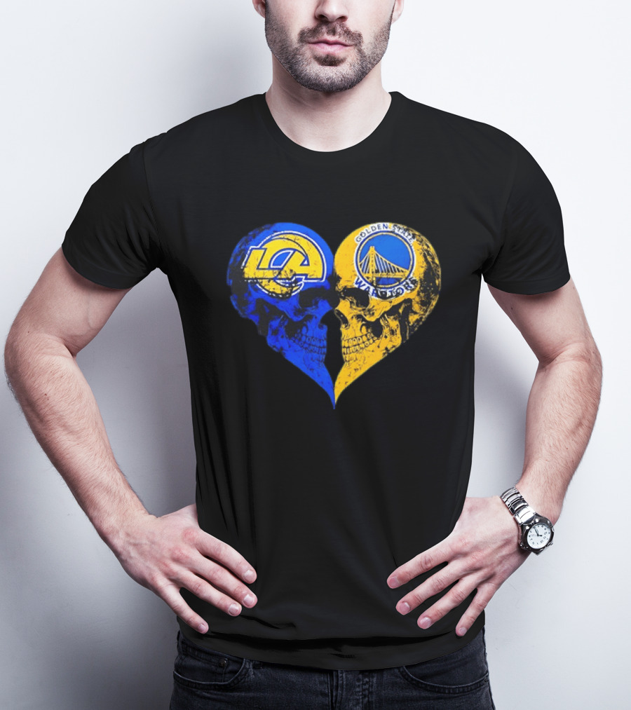 Los Angeles Rams Golden State Warriors Heart Shaped Skulls Distressed T-Shirt