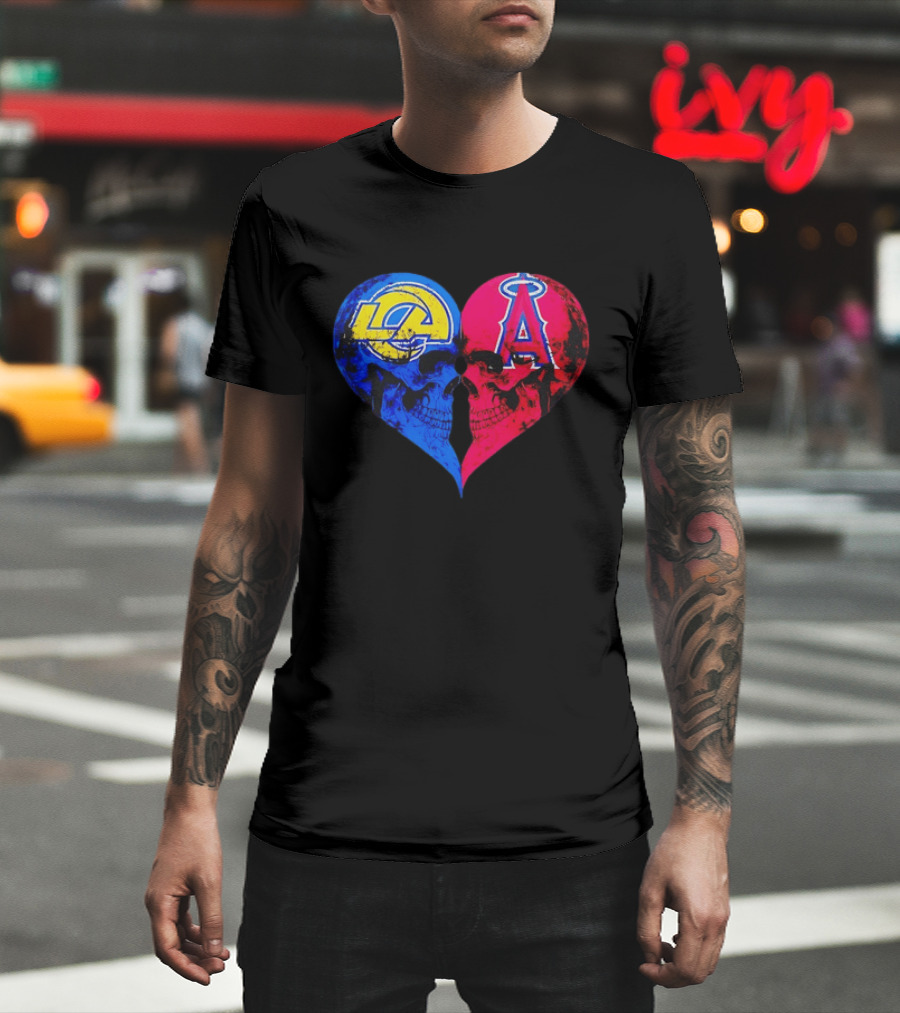 Los Angeles Rams Vs Los Angeles Angels Skulls Heart Face To Face Distressed T-Shirt