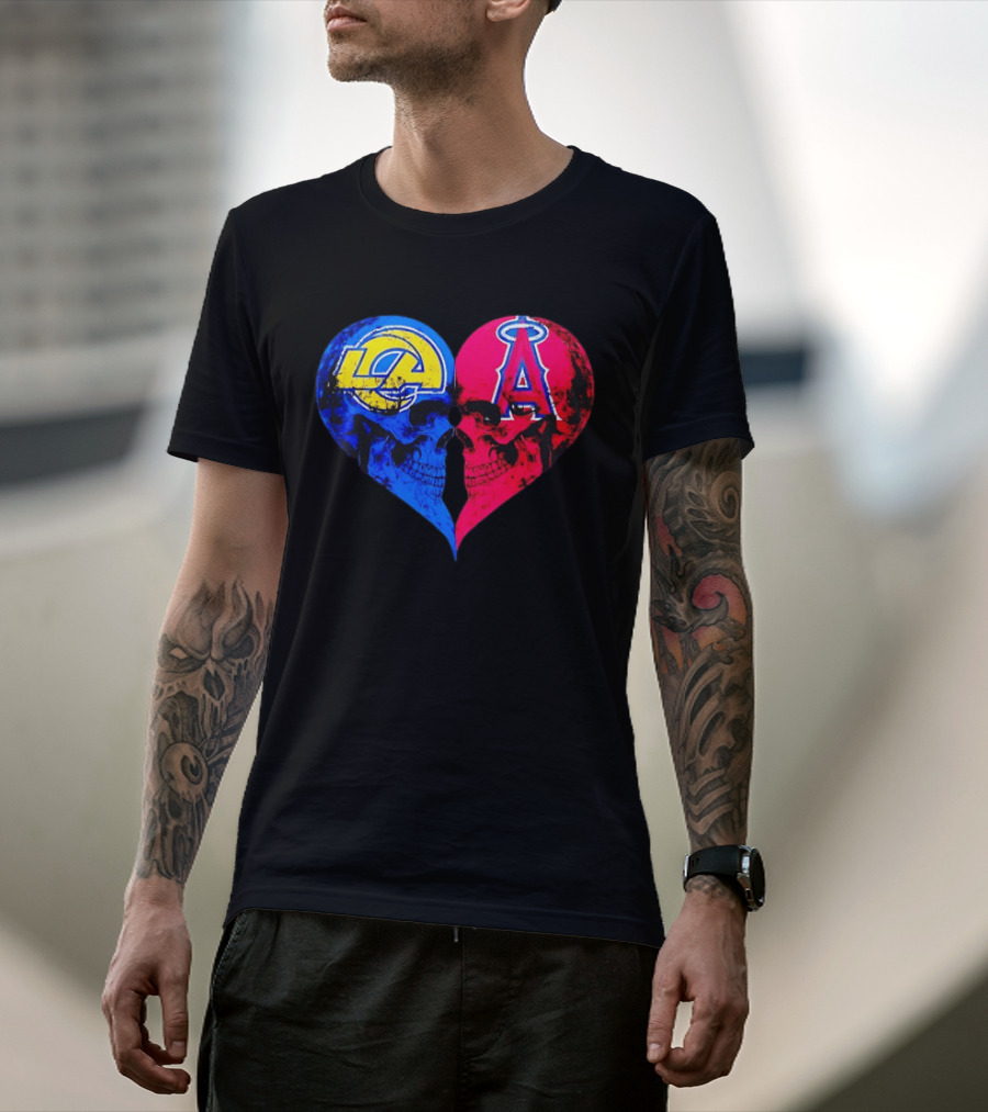 Los Angeles Rams Vs Los Angeles Angels Skulls Heart Face To Face Distressed T-Shirt