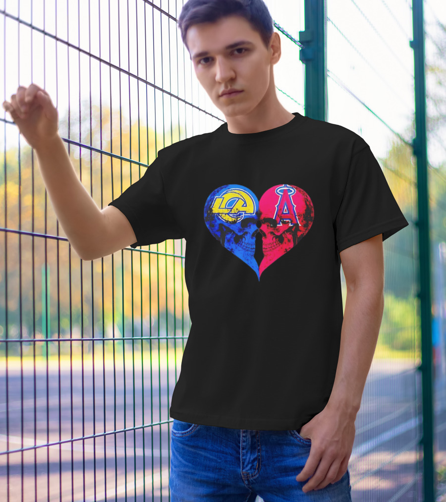 Los Angeles Rams Vs Los Angeles Angels Skulls Heart Face To Face Distressed T-Shirt