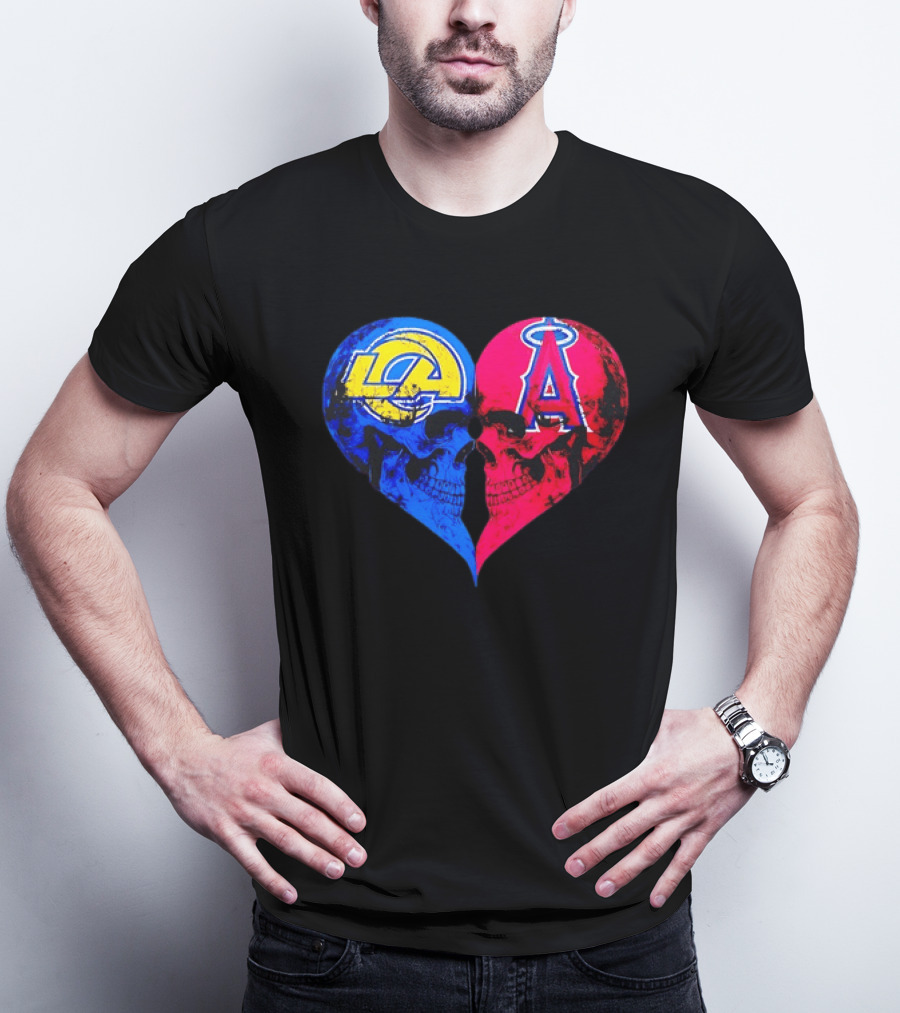 Los Angeles Rams Vs Los Angeles Angels Skulls Heart Face To Face Distressed T-Shirt