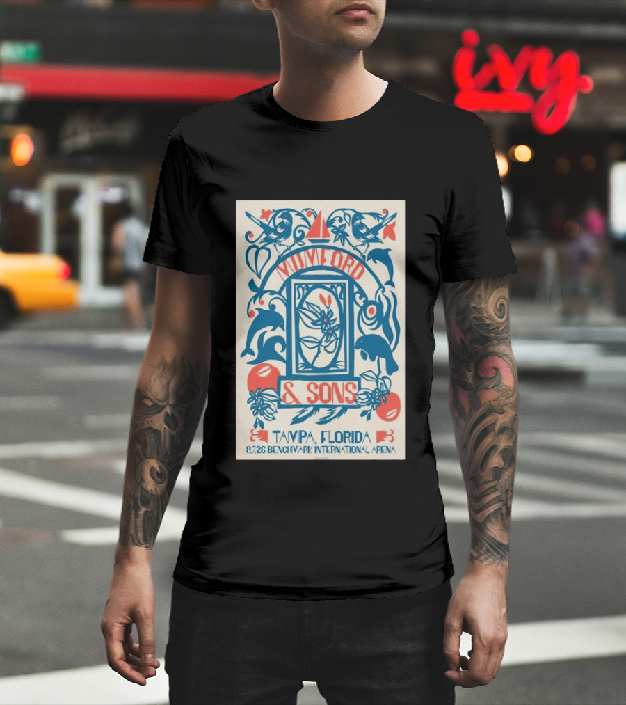 Mumford & Sons August 7 2026 Benchmark International Arena Tampa Florida With Dolphins And Floral Motif T-Shirt