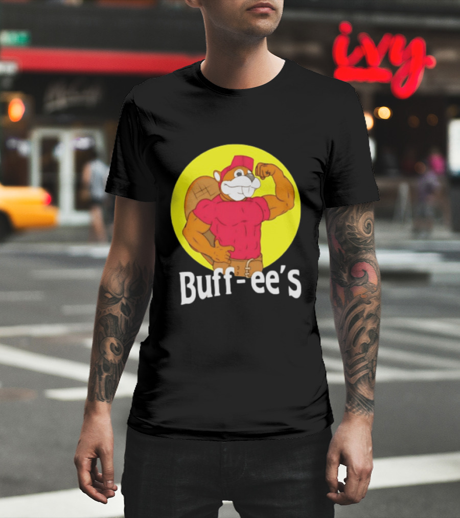 Buff Ee's Strong Muscular Beaver Character In Red Outfit T-Shirt