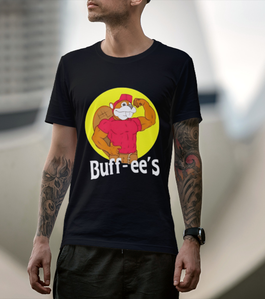 Buff Ee's Strong Muscular Beaver Character In Red Outfit T-Shirt