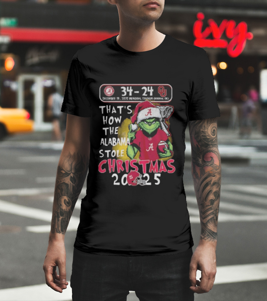 Grinch Santa Alabama Crimson Tide 34 24 Oklahoma Sooners That's How The Alabama Stole Christmas 2025 T-Shirt