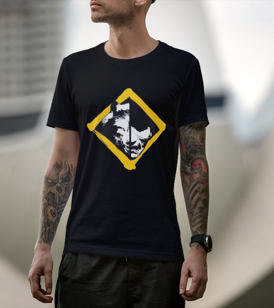 Wolf And Boar Split Face Diamond Yellow Border T-Shirt