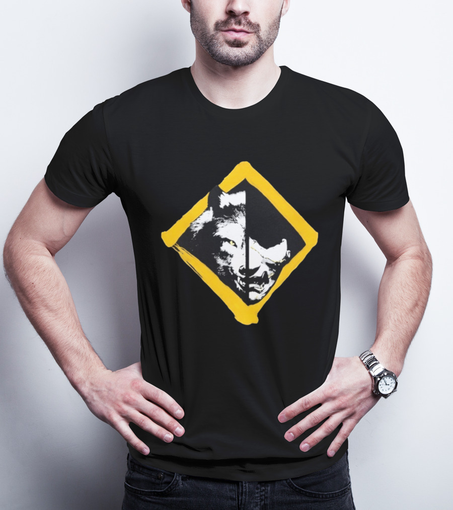 Wolf And Boar Split Face Diamond Yellow Border T-Shirt