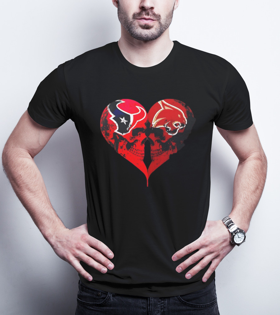 Houston Texans And Tampa Bay Buccaneers Skulls Heart Shape Distressed T-Shirt