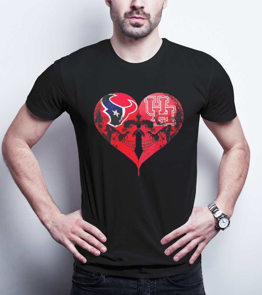 Houston Texans University Of Houston Cougars Heart Shaped Skulls Football Fans T-Shirt