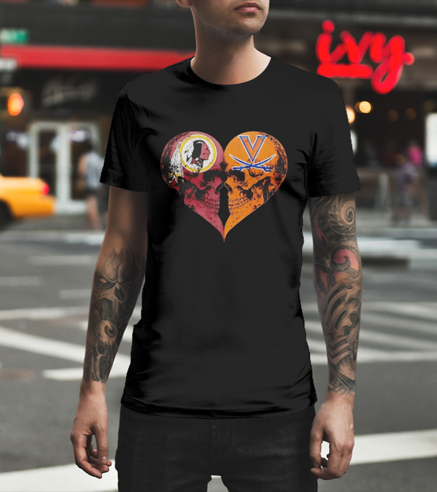 Washington Redskins Virginia Cavaliers Skulls Face To Face Heart Shape Distressed T-Shirt