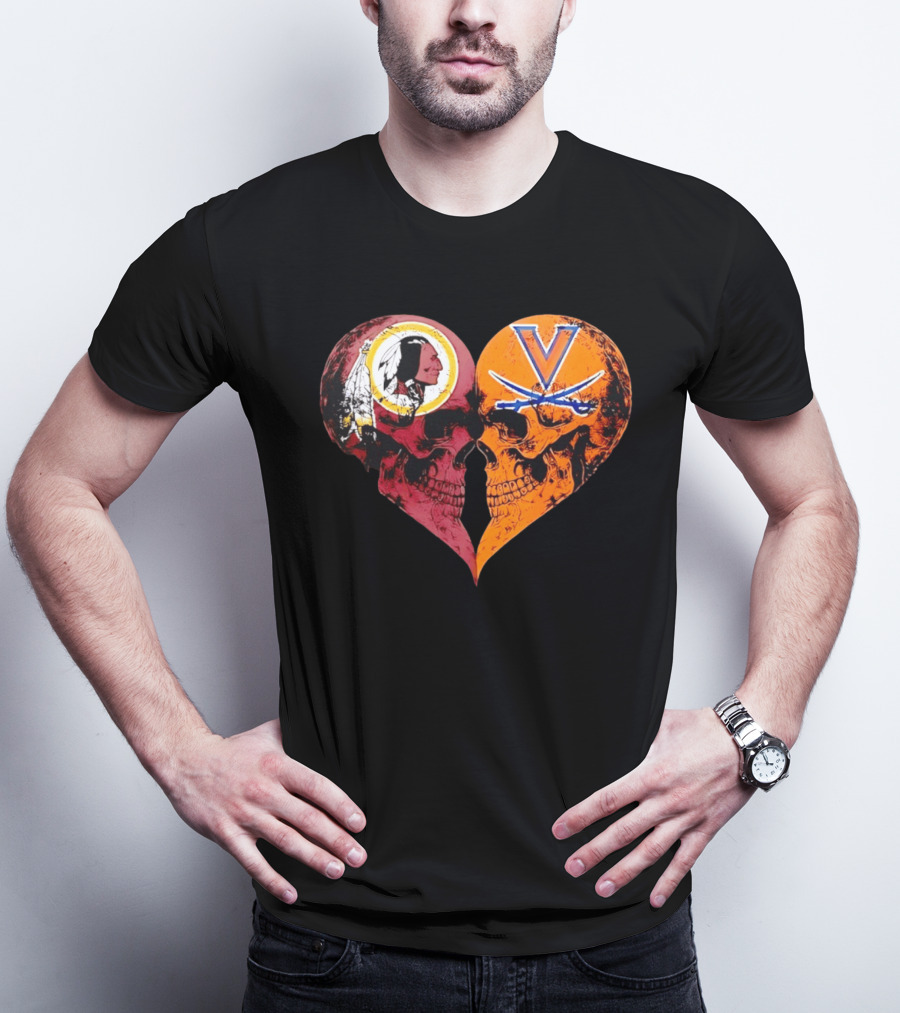 Washington Redskins Virginia Cavaliers Skulls Face To Face Heart Shape Distressed T-Shirt