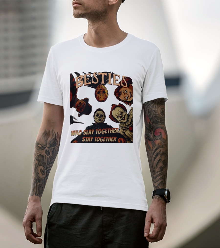 BESTIES Horror Movie Characters Mask Iconic Slayers Pennywise Knife Doll Together T-Shirt