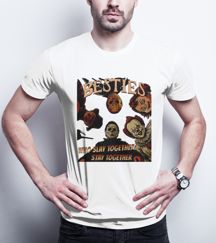 BESTIES Horror Movie Characters Mask Iconic Slayers Pennywise Knife Doll Together T-Shirt