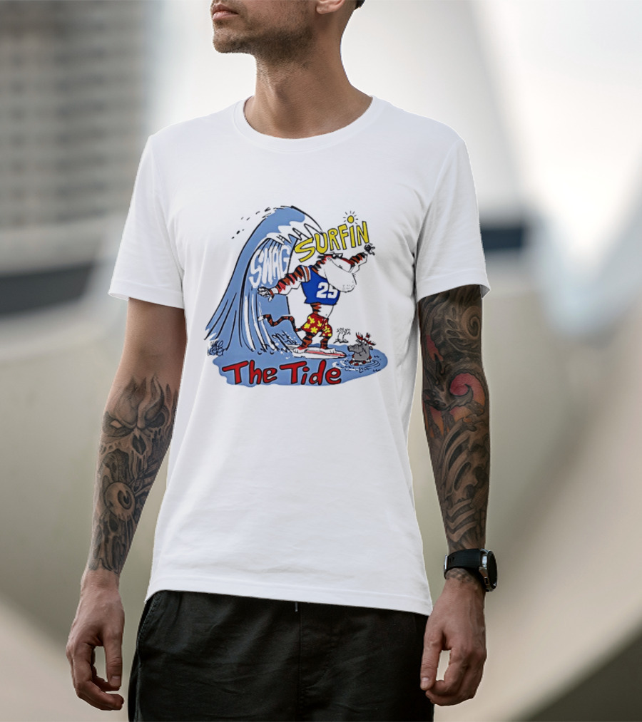 Classic Alabama Gameday Surfin The Tide Tiger In Red Flower Shorts Riding Wave T-Shirt