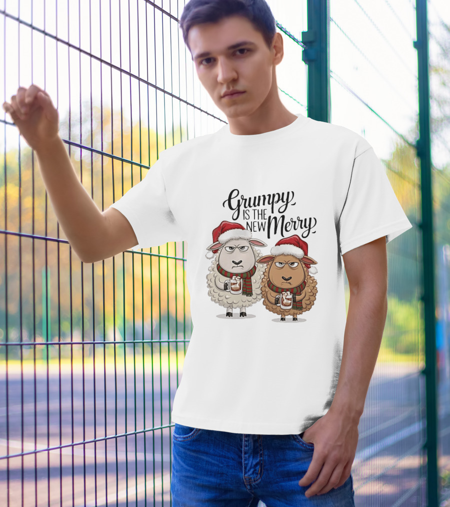 Grumpy Is The New Merry Christmas Sheep Santa Hat Holiday Humor T-Shirt