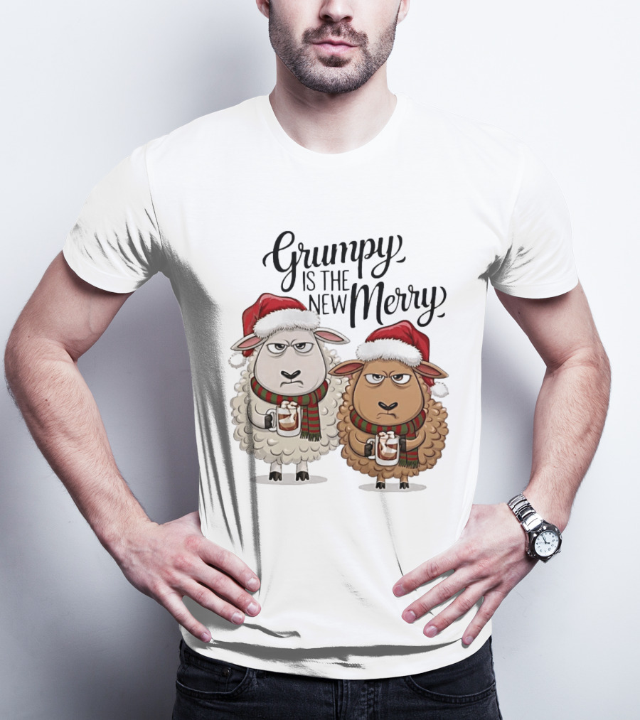 Grumpy Is The New Merry Christmas Sheep Santa Hat Holiday Humor T-Shirt