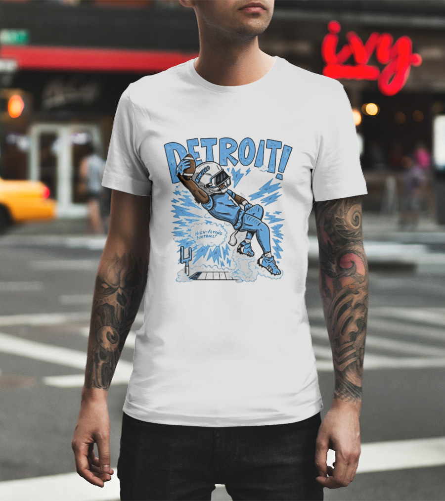 Detroit Lions High Flying Football Dynamic Catch Comic T-Shirt
