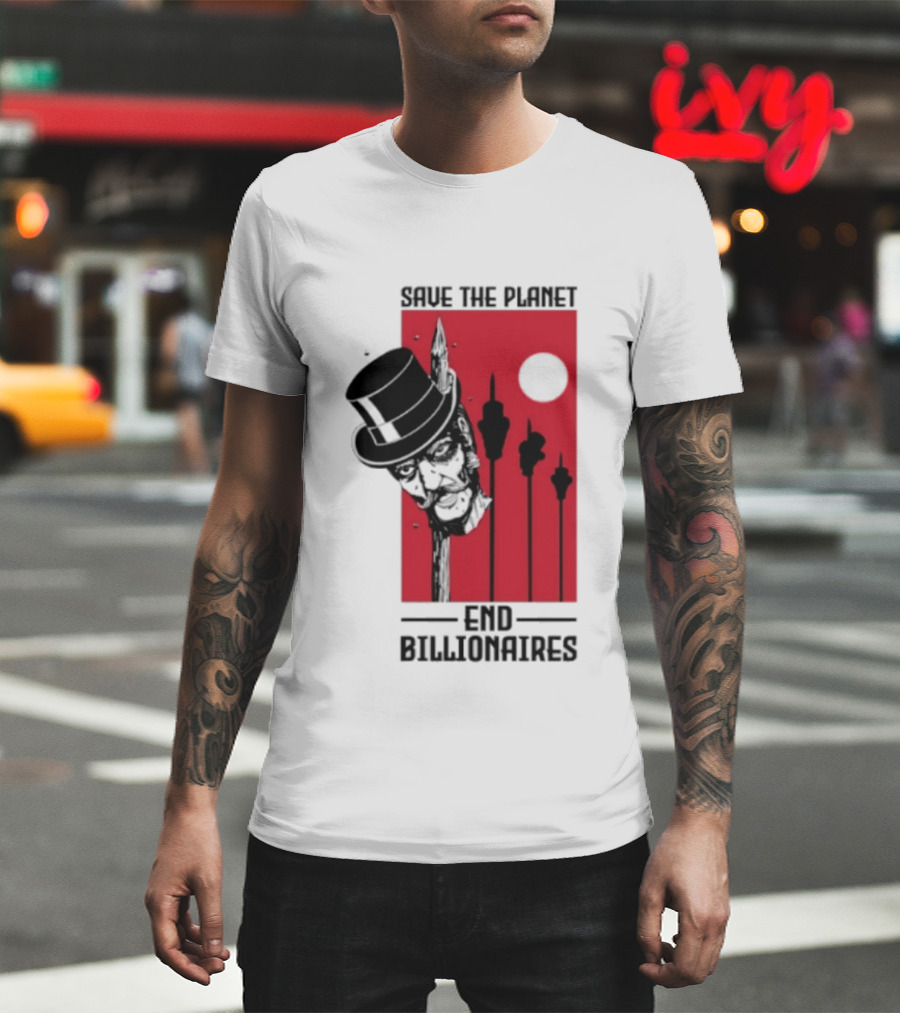 Original Save The Planet End Billionaires Top Hat Monopoly Man Red Sun T-Shirt