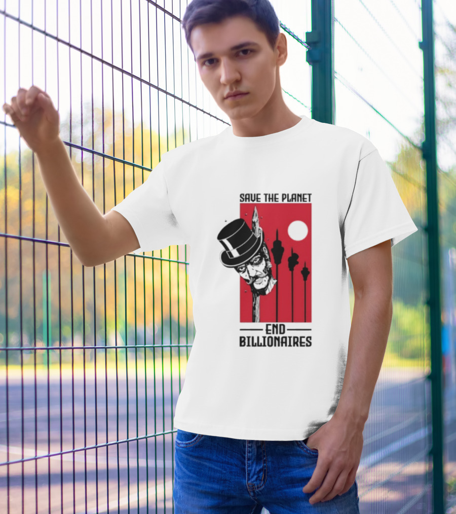 Original Save The Planet End Billionaires Top Hat Monopoly Man Red Sun T-Shirt