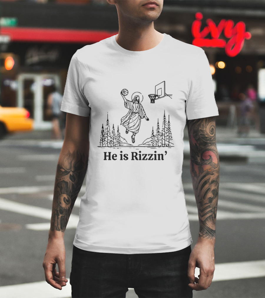 He Is Rizzin Basketball Angel Easter Forest Scene T-Shirt