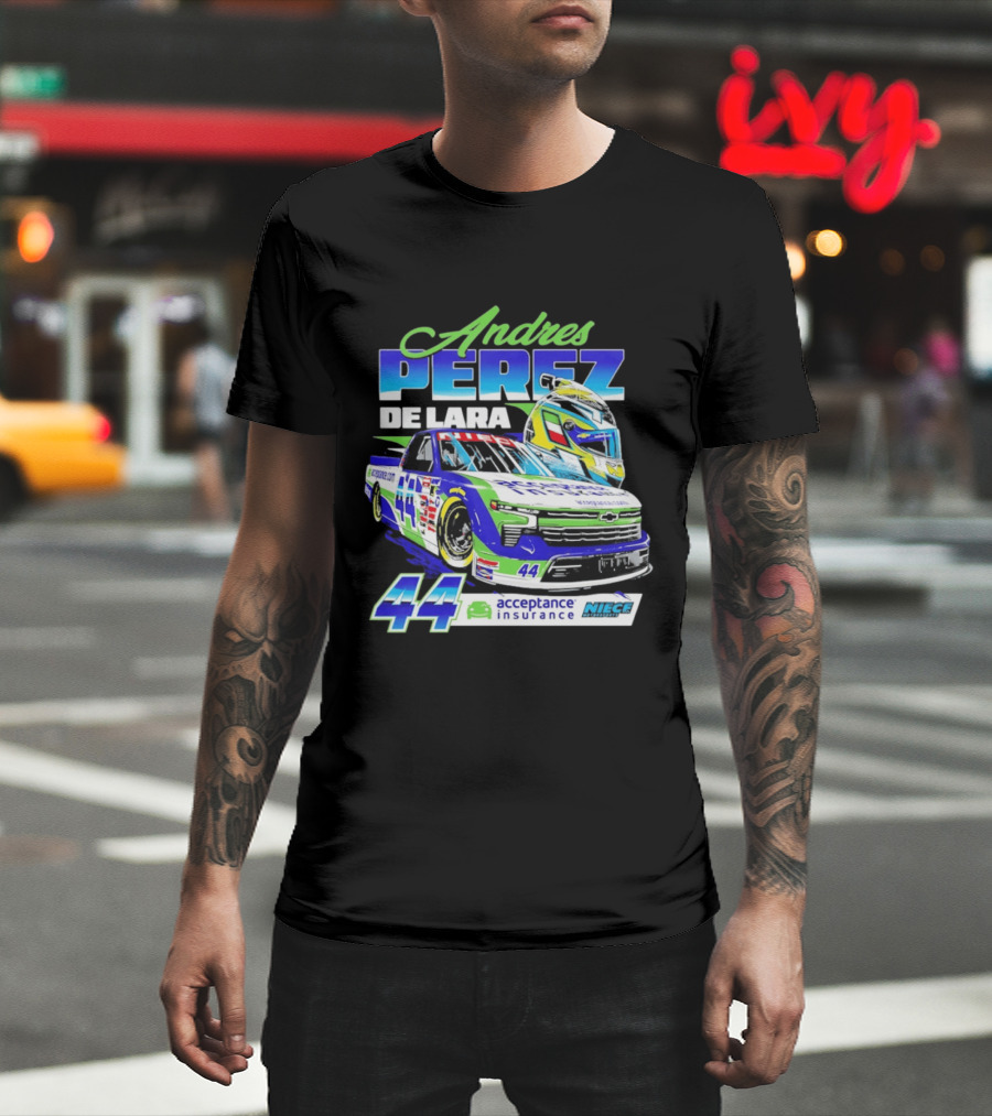 Andres Perez De Lara 44 Niece Motorsports Acceptance Insurance Racing Truck And Helmet Combo T-Shirt