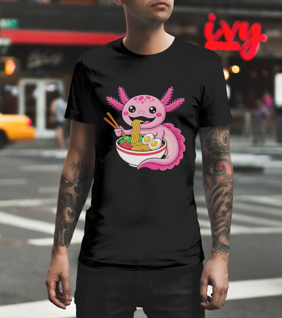 Axolotl Eating Ramen Kawaii Style With Chopsticks And Eggs T-Shirt