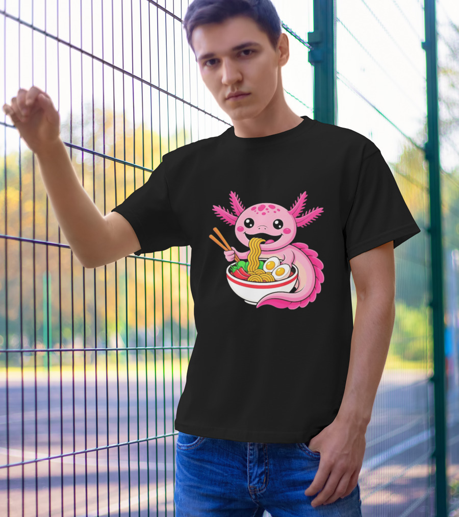 Axolotl Eating Ramen Kawaii Style With Chopsticks And Eggs T-Shirt