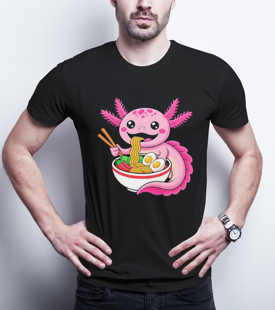 Axolotl Eating Ramen Kawaii Style With Chopsticks And Eggs T-Shirt