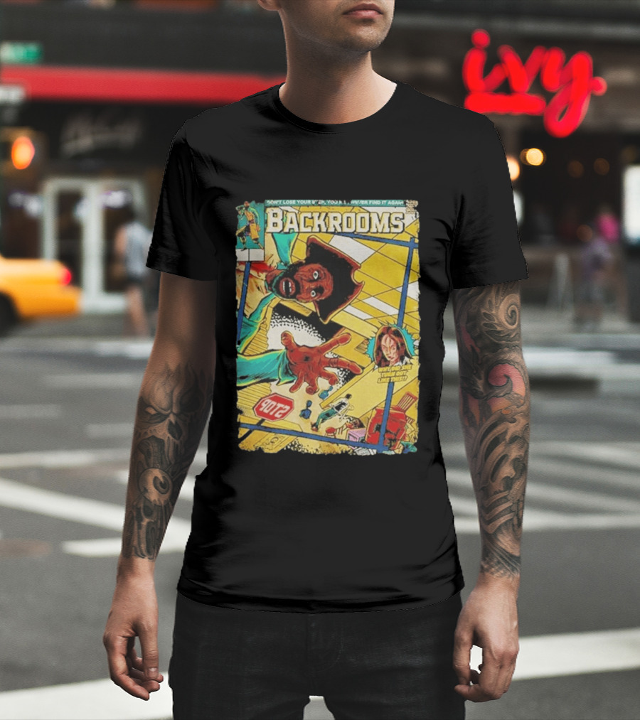 Backrooms Horror Comic Why Did She Turn Out Like This Don't Lose Your Way Stop Sign Creepy Scene T-Shirt