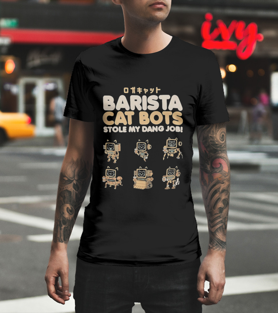 Barista Cat Bots Stole My Dang Job Retro Robot Cats Japanese T-Shirt