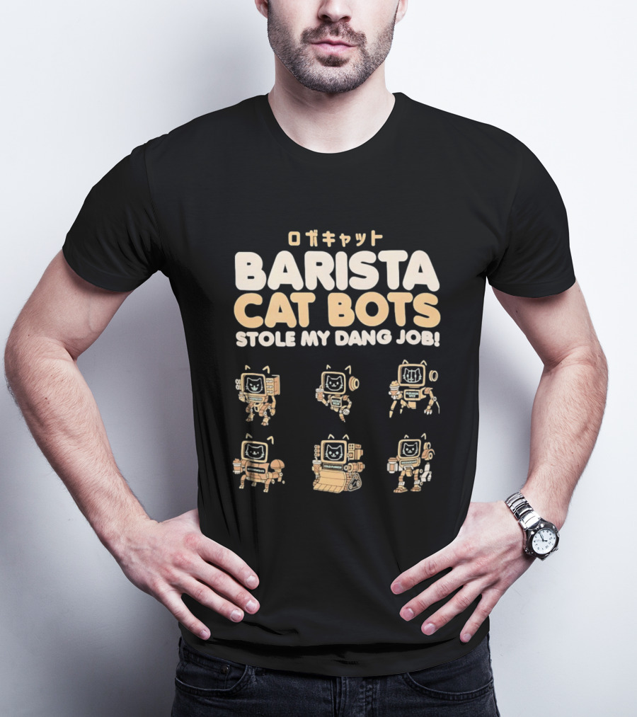Barista Cat Bots Stole My Dang Job Retro Robot Cats Japanese T-Shirt