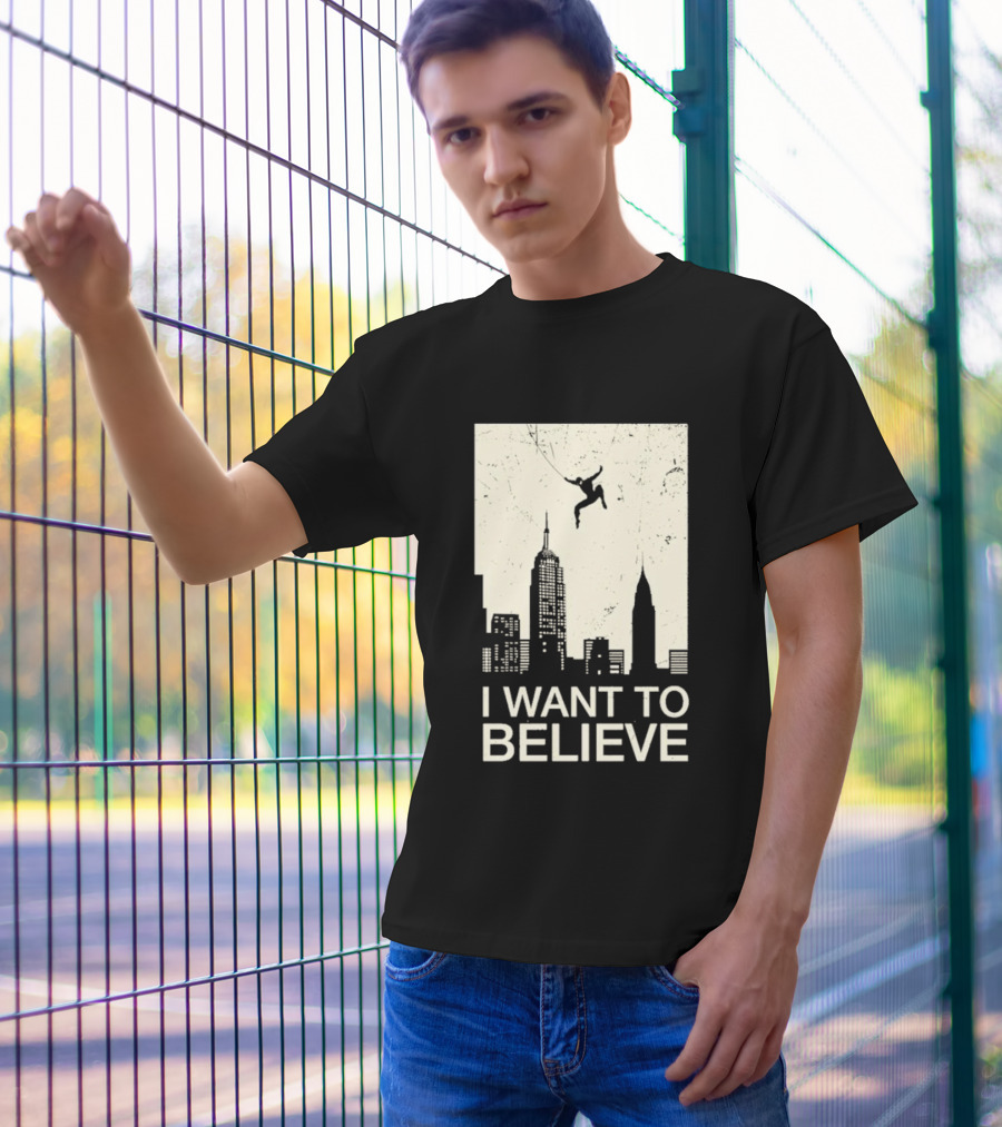 Friking I Want To Believe Swinging Hero Cityscape T-Shirt