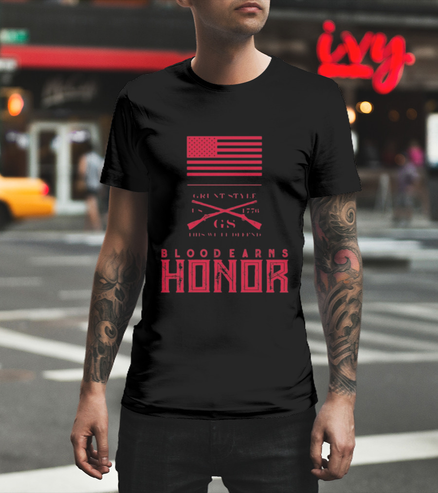 American Flag Blood Earns Honor Vintage Style 1776 Rifles T-Shirt