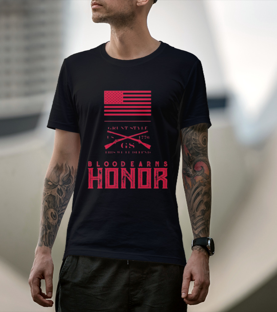 American Flag Blood Earns Honor Vintage Style 1776 Rifles T-Shirt