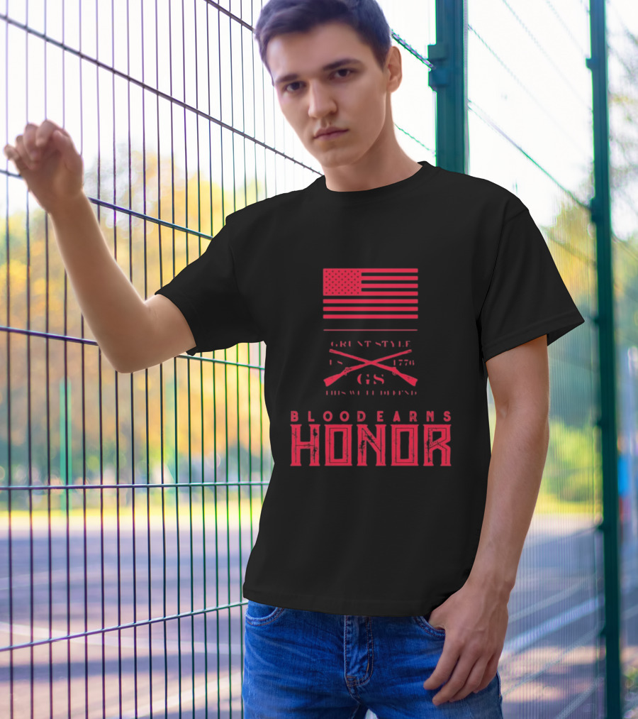 American Flag Blood Earns Honor Vintage Style 1776 Rifles T-Shirt