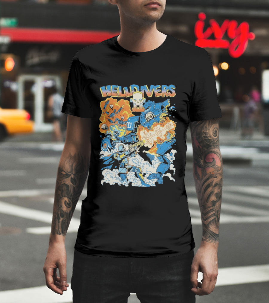 Helldivers Comic Style Explosive Battle Scene Skulls Robots Flames T-Shirt