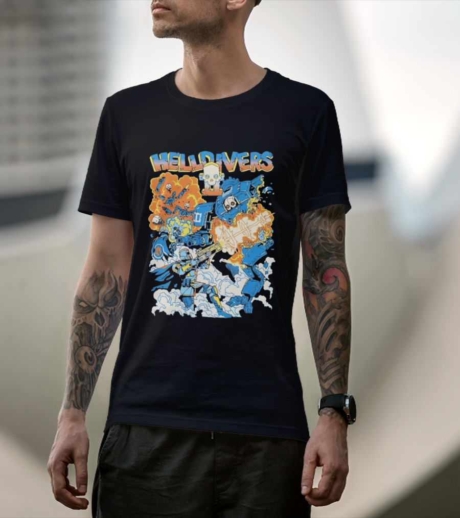 Helldivers Comic Style Explosive Battle Scene Skulls Robots Flames T-Shirt
