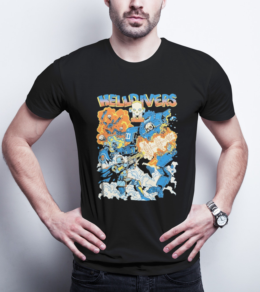 Helldivers Comic Style Explosive Battle Scene Skulls Robots Flames T-Shirt