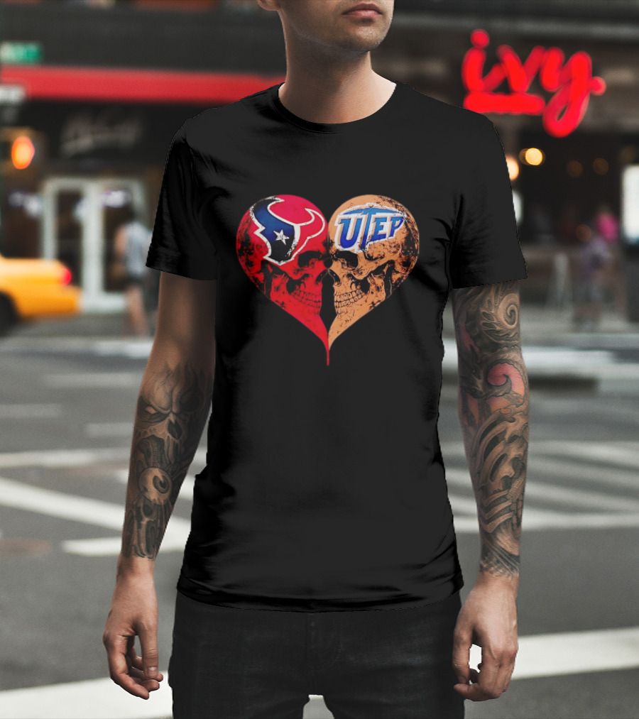 Houston Texans UTEP Miners Skulls Heart Shape Face To Face T-Shirt