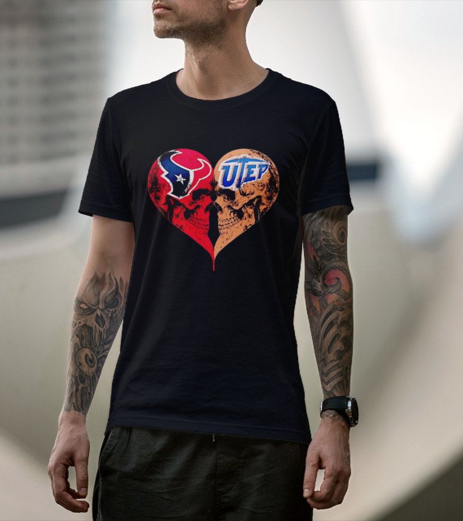 Houston Texans UTEP Miners Skulls Heart Shape Face To Face T-Shirt