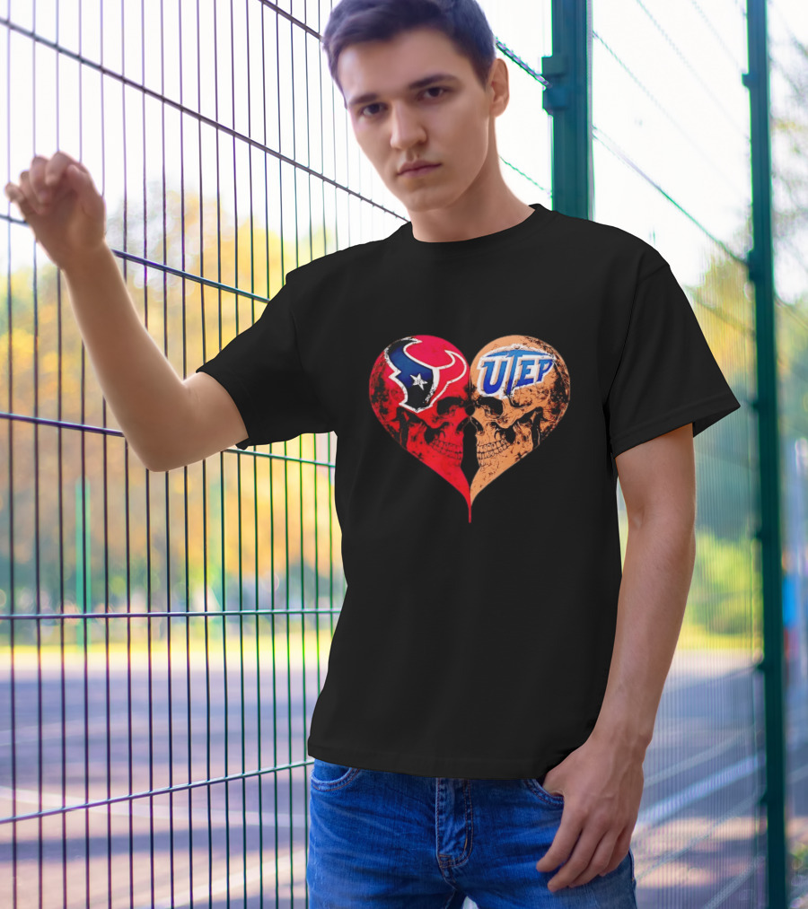 Houston Texans UTEP Miners Skulls Heart Shape Face To Face T-Shirt