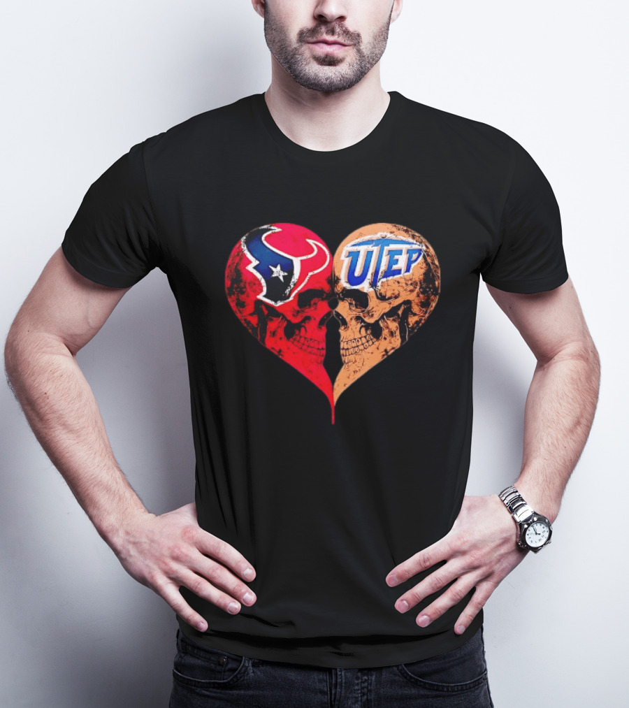 Houston Texans UTEP Miners Skulls Heart Shape Face To Face T-Shirt