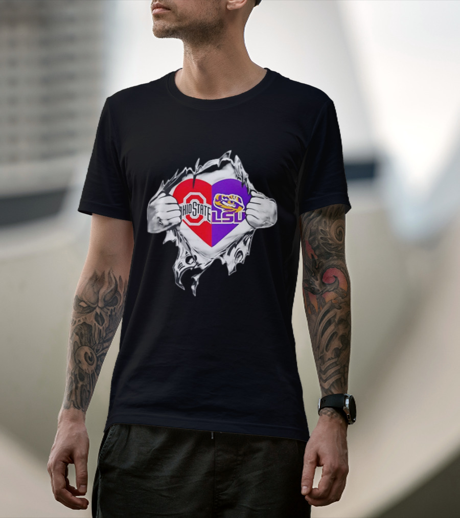 Ohio State LSU Heart Ripped Open Fan T-Shirt