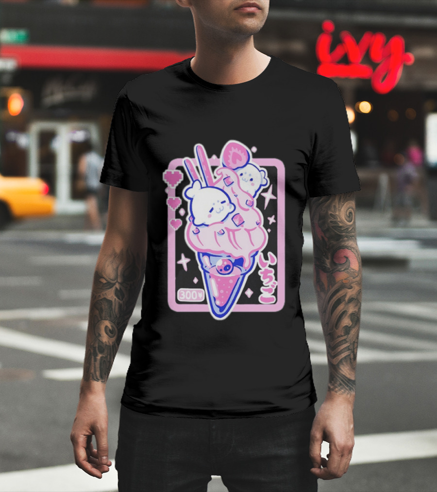 Kawaii Strawberry Ice Cream With Seals And 300 Yen Cute Hearts T-Shirt