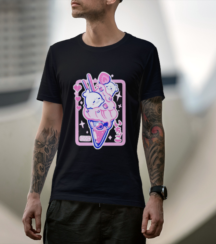 Kawaii Strawberry Ice Cream With Seals And 300 Yen Cute Hearts T-Shirt
