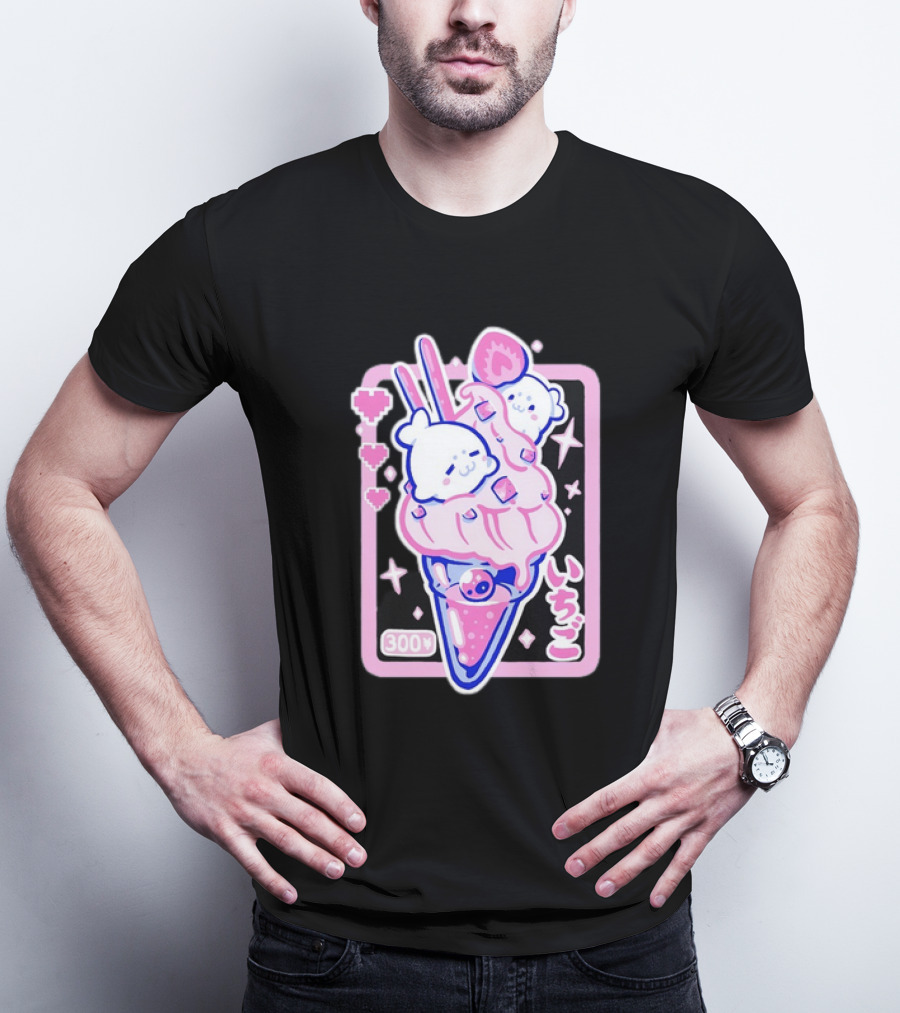 Kawaii Strawberry Ice Cream With Seals And 300 Yen Cute Hearts T-Shirt