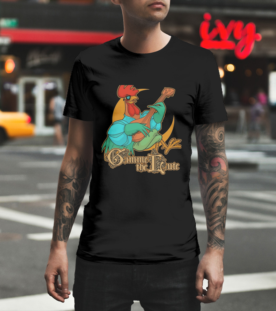 Rooster Musician Gimme The Lute Bard Funny Chicken Playing Instrument T-Shirt
